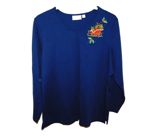 Quacker Factory Women's Blue Long Sleeve V-Neck Christmas Print Top ...