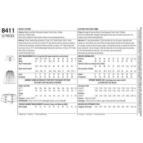 Simplicity Sewing Pattern 8411 Misses Ladies 18th Century Costume Size ...
