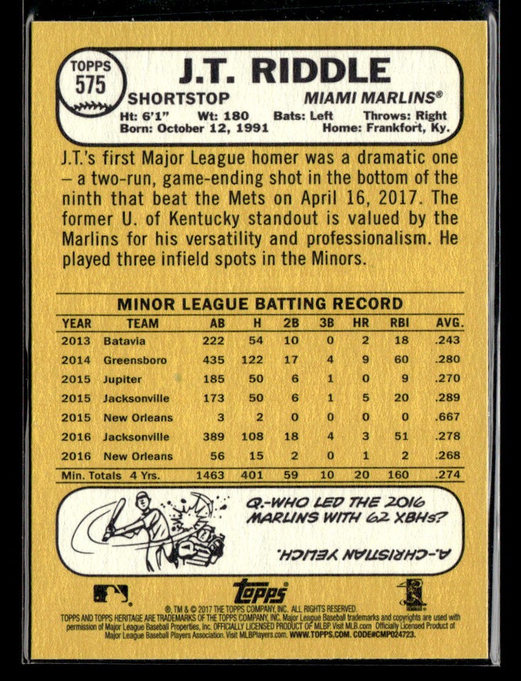 2017 Topps Heritage #575 J.T. Riddle Rookie Card Miami Marlins | eBay