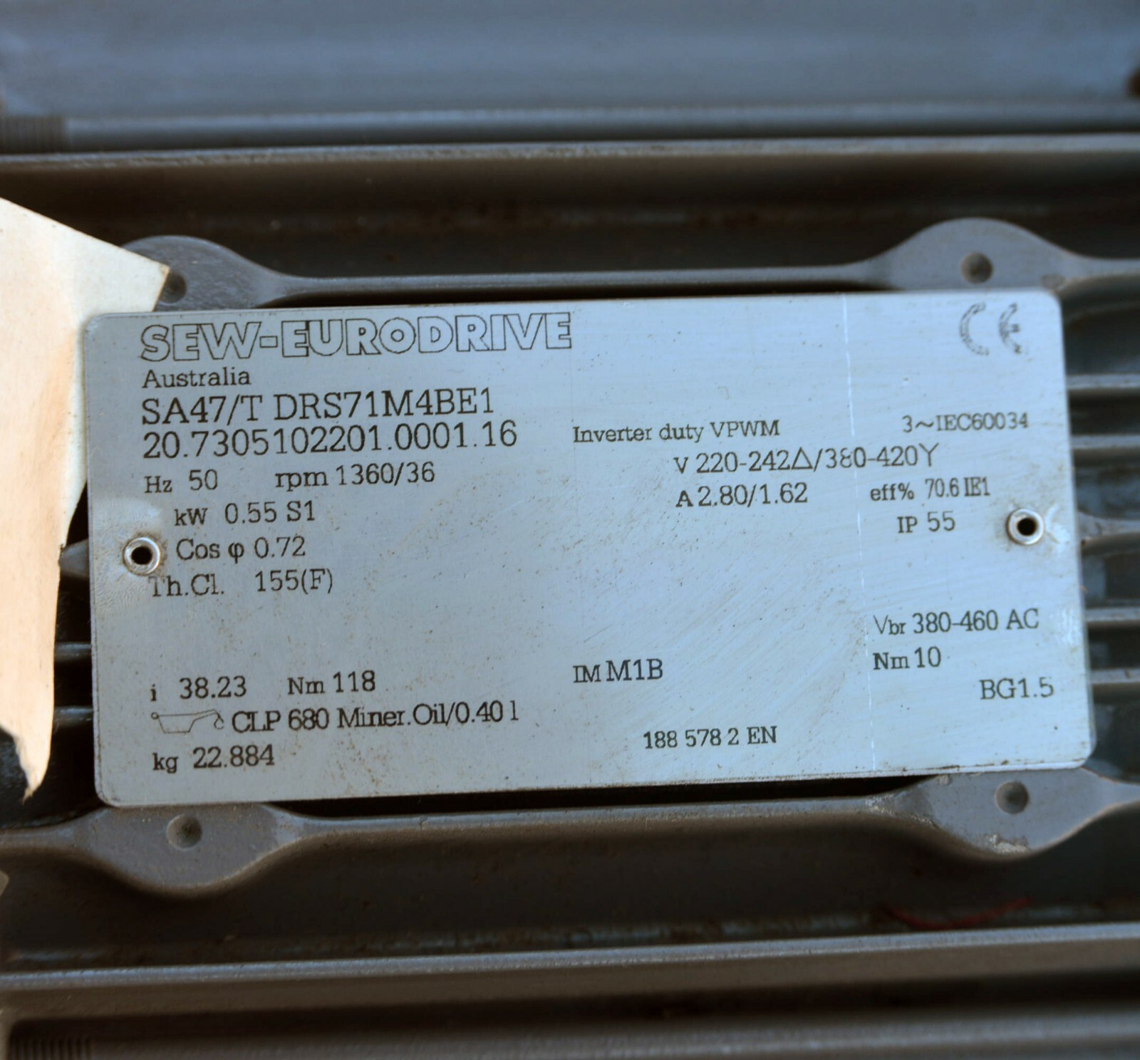 SEW Eurodrive 3~ electric motor SA47/T DRS71M4BE1 0.55kW 1360/36 38:1 ...