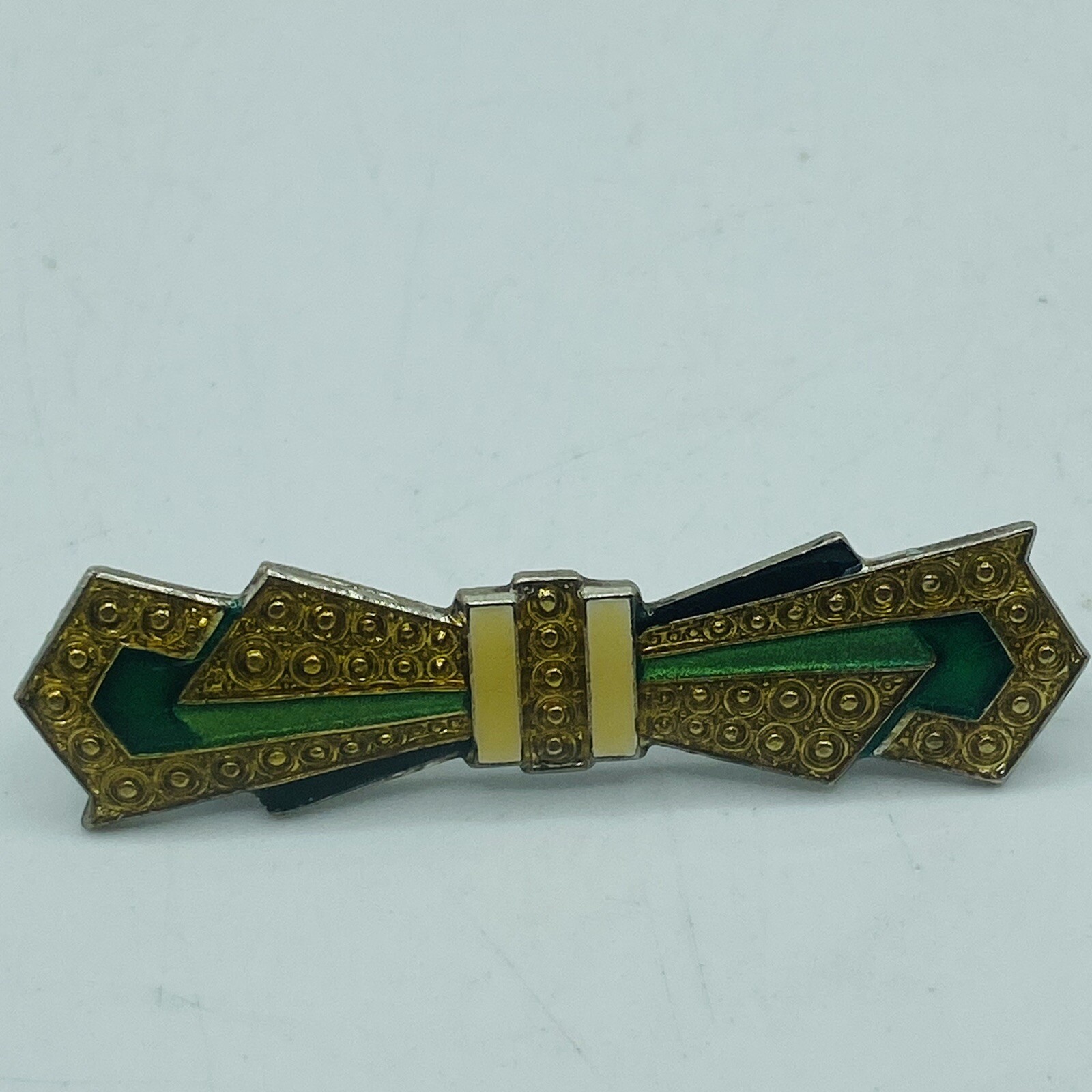 Art Deco Pierre Bex Style Enamel Green Gold Black Bow Style Pin Brooch ...