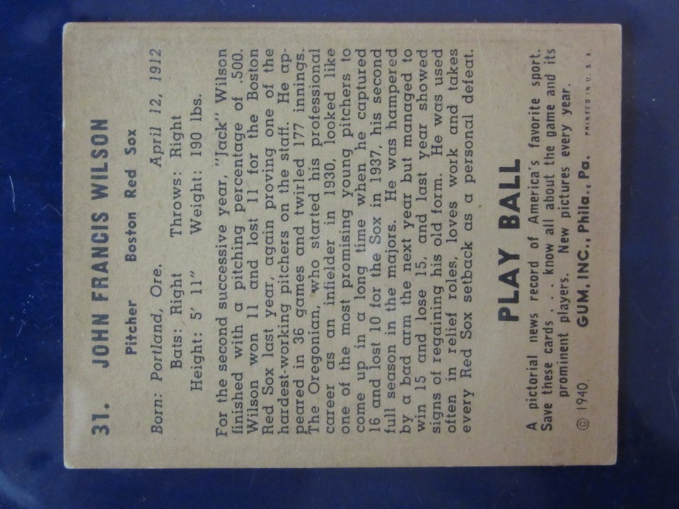 1940 PLAY BALL R335 #31 JACK WILSON EX Boston Red Sox Great | eBay