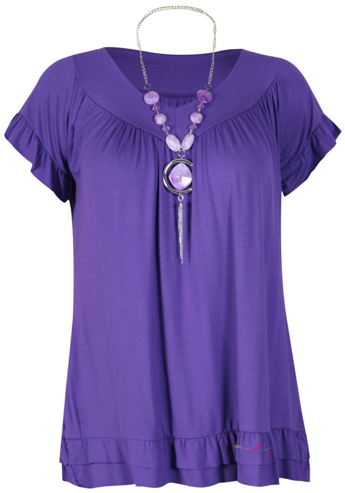 Womens FRILL NECKLACE GYPSY Tunic Short Sleeve Long ladies V Neck Tops ...