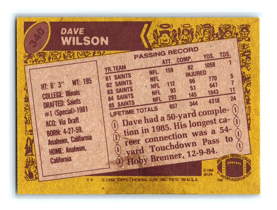 1986 Topps Football #340 Dave Wilson New Orleans Saints | eBay