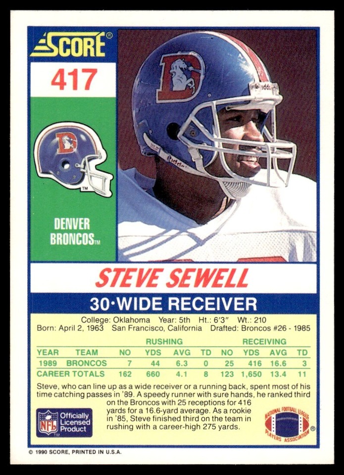 1990 Score Steve Sewell Denver Broncos #417 | eBay
