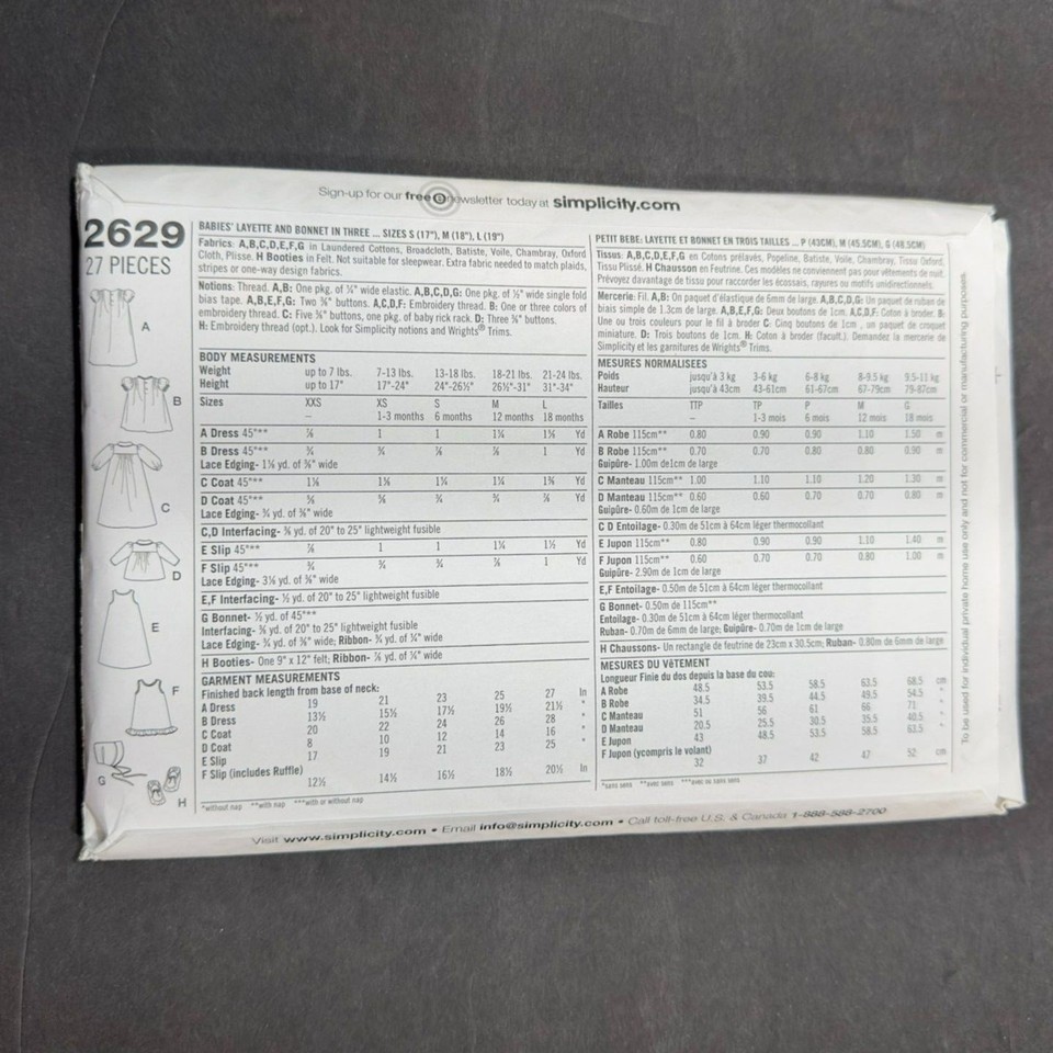 Simplicity Babies' Layette and Bonnet in Three Sizes XXS-L - Pattern ...