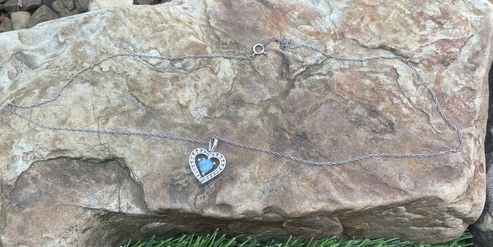 925 Sterling Silver 19" Necklace Sky Blue Cubic Zirconia Topaz Heart ...