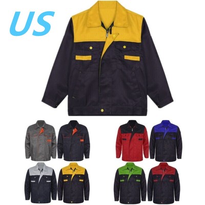 US Mens Workshop Mechanic Work Jacket Color Block Long Sleeve Zipper ...