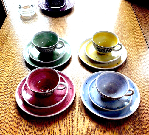 Vintage set of four (12) different colored tea sets, w/cup, saucer, and ...