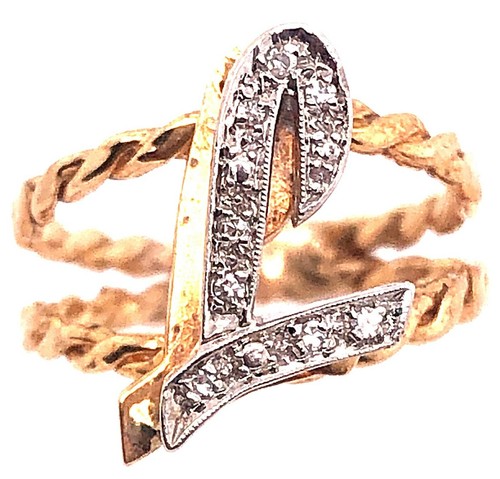 14 Karat Two Tone Gold Initial Style L Ring with Round Diamonds 101 ...