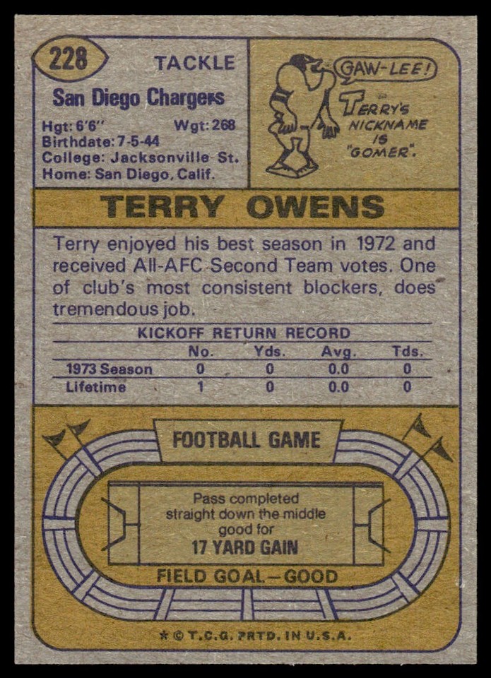 1974 Topps Terry Owens San Diego Chargers #228 | eBay