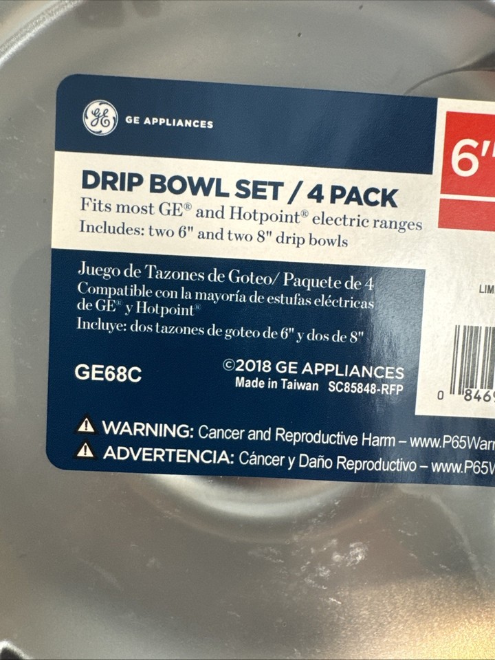 NEW GENUINE OEM GE Drip Bowl 4 Pack (2x 6" and 2x 8") GE68C GE68CC ...