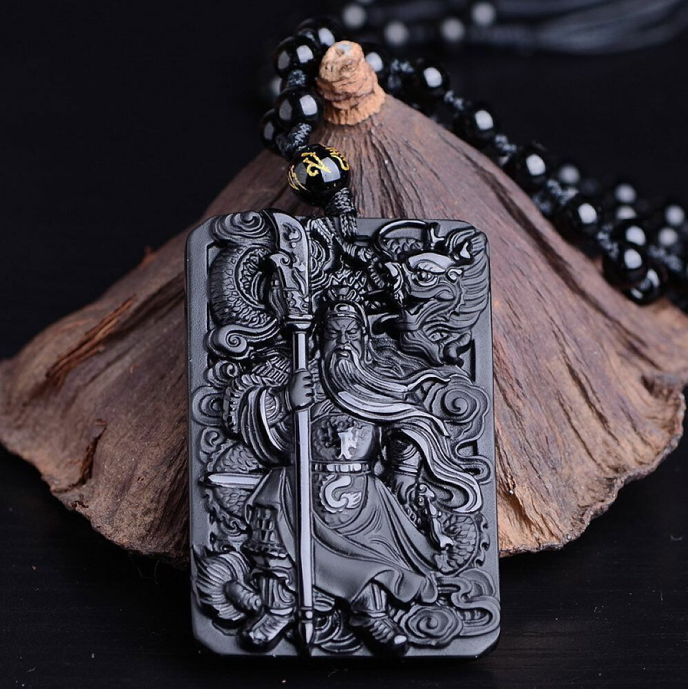Natural black obsidian dragon Guan Gong Necklace hold broadsword ...