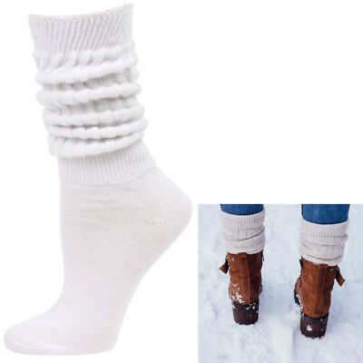 3 Pairs Women's White Slouch Socks Scrunch Cotton Plush Thick Knit ...