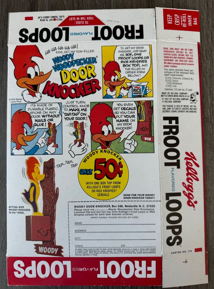 Scarce near-mint 1970 Froot Loops cereal box flat with Woody Woodpecker ...