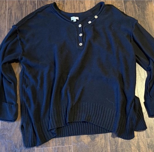 WONDERLY Women's Drop Shoulder Henley Black Sweater Size XL Long Sleeve ...