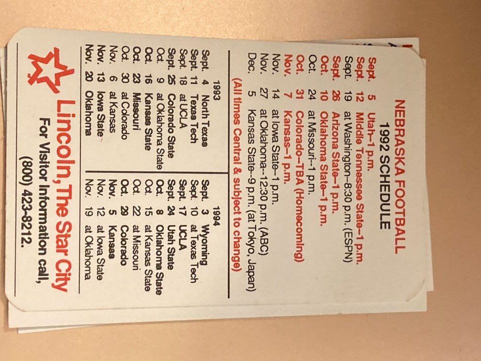 1992 NEBRASKA CORNHUSKERS Football Schedule Card WILL SHIELDS | eBay