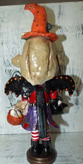 Folk Art Bat Wing Halloween Witch Nut Cracker Cat and Pumpkin Buckets ...