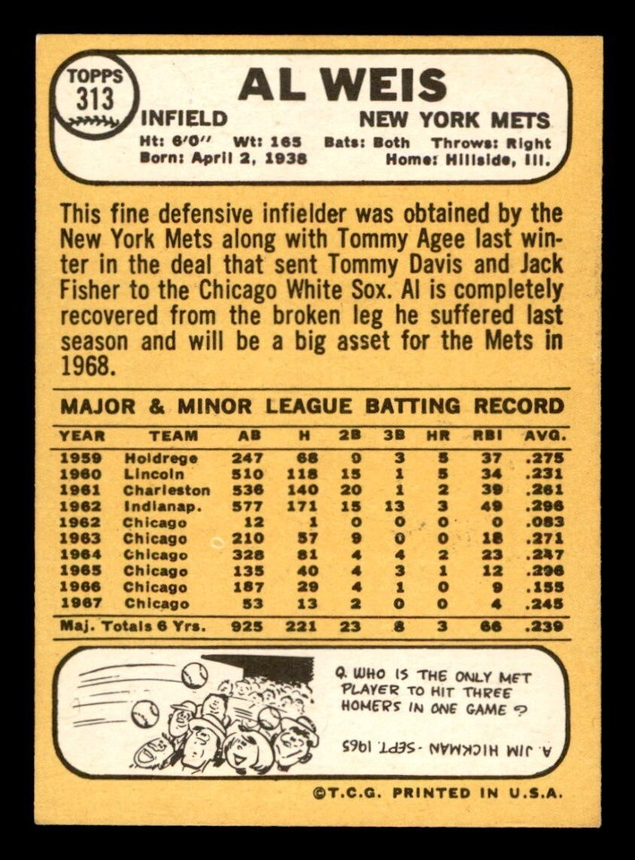 1968 Topps Baseball #313 Al Weis EX *e1 | eBay