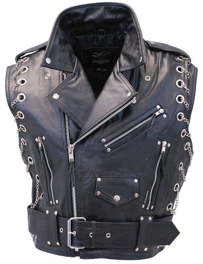 Men's Real Leather Bikers Vest Brando Vest Decorative Chain Bikers ...