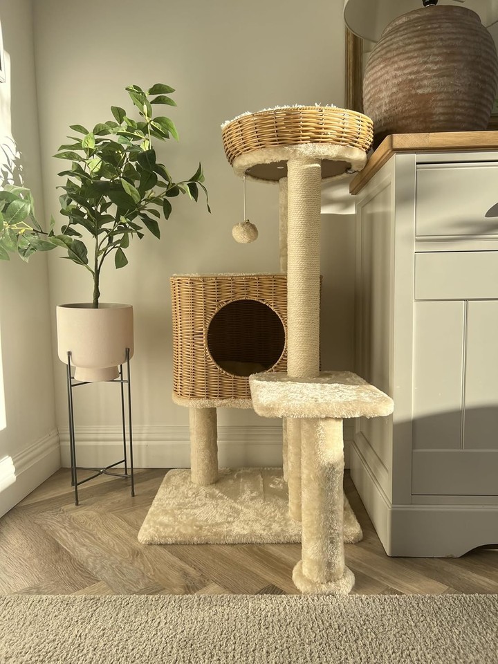 91cm Rattan Cat Tree Tower Wicker Bed Scratching Post Washable Cushion ...