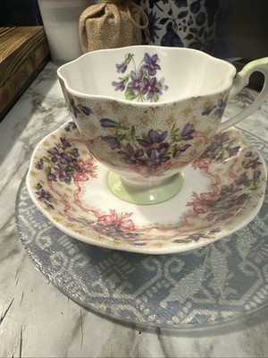 VTG Bone China Sweet Violets Queen Anne Teacup Green Band on Bottom ...