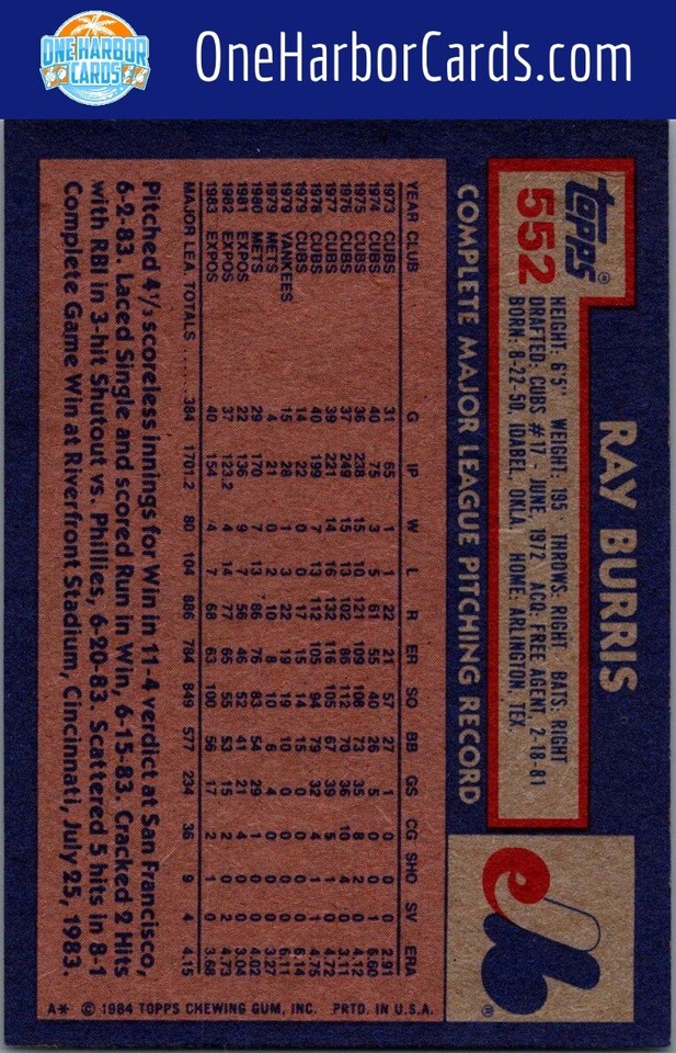 1984 Topps Montreal Expos Baseball Card #552 Ray Burris | eBay