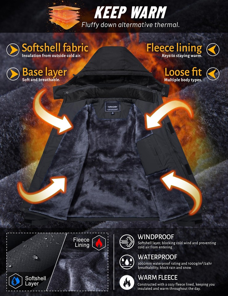 Men's Waterproof Ski Jacket Winter Warm Jackets Snow Thermal Fleece ...