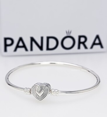 New 100% Authentic PANDORA 925 Radiating Heart Clasp Bangle Bracelet ...