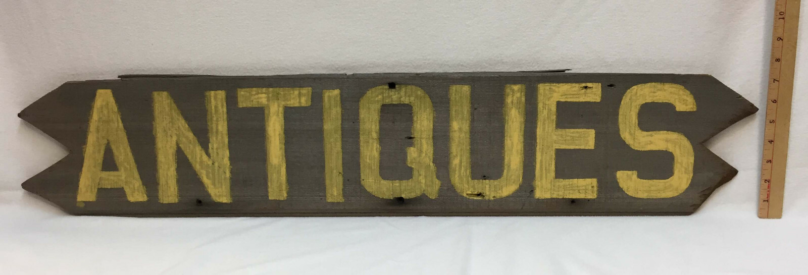 Weathered Lapped Barn Wood Sign " ANTIQUES " in Yellow Paint 38" x 7 1/ ...