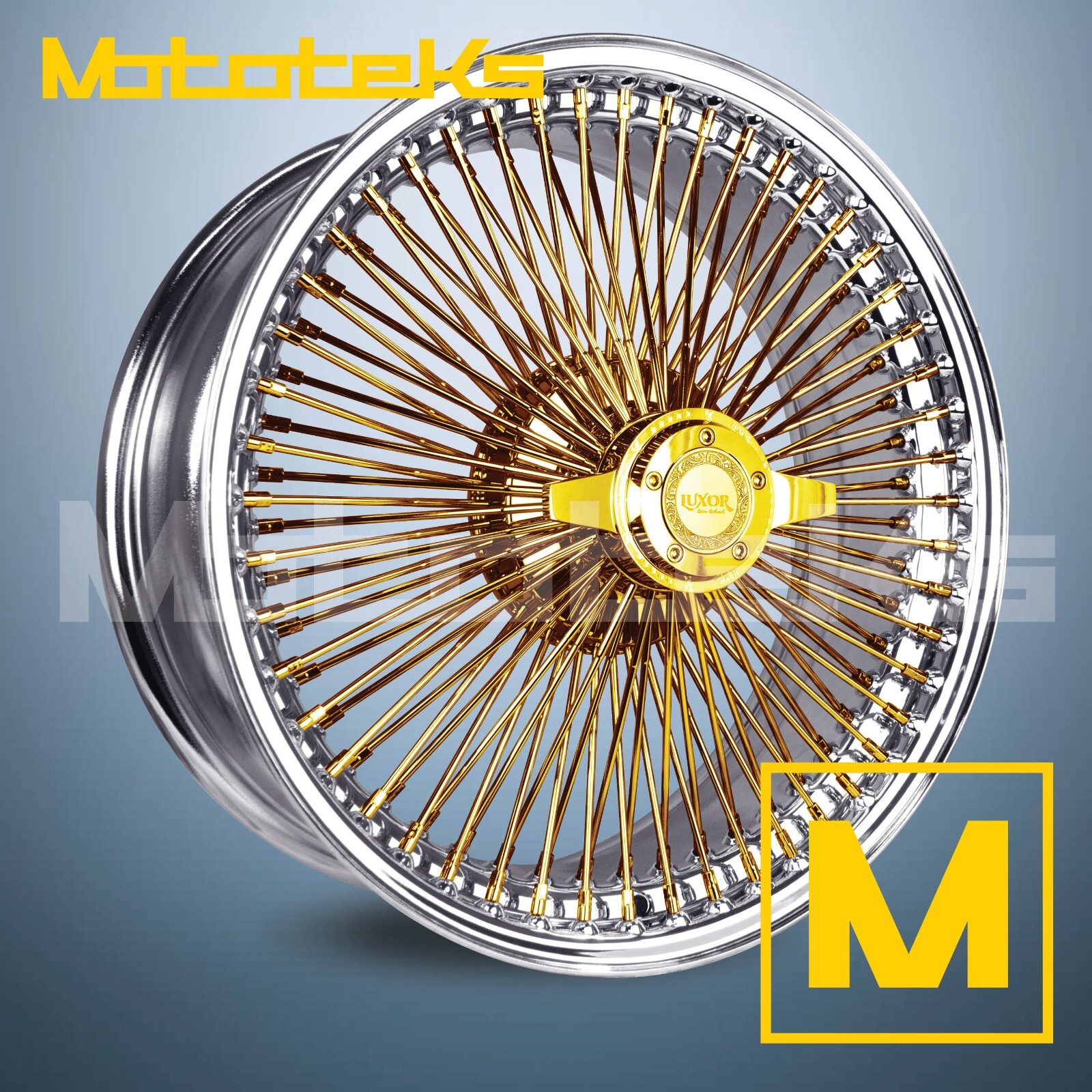 22X8 LUXOR WIRE WHEELS 150 STRAIGHT FWD RIMS 24K CENTER GOLD WHEEL SET ...