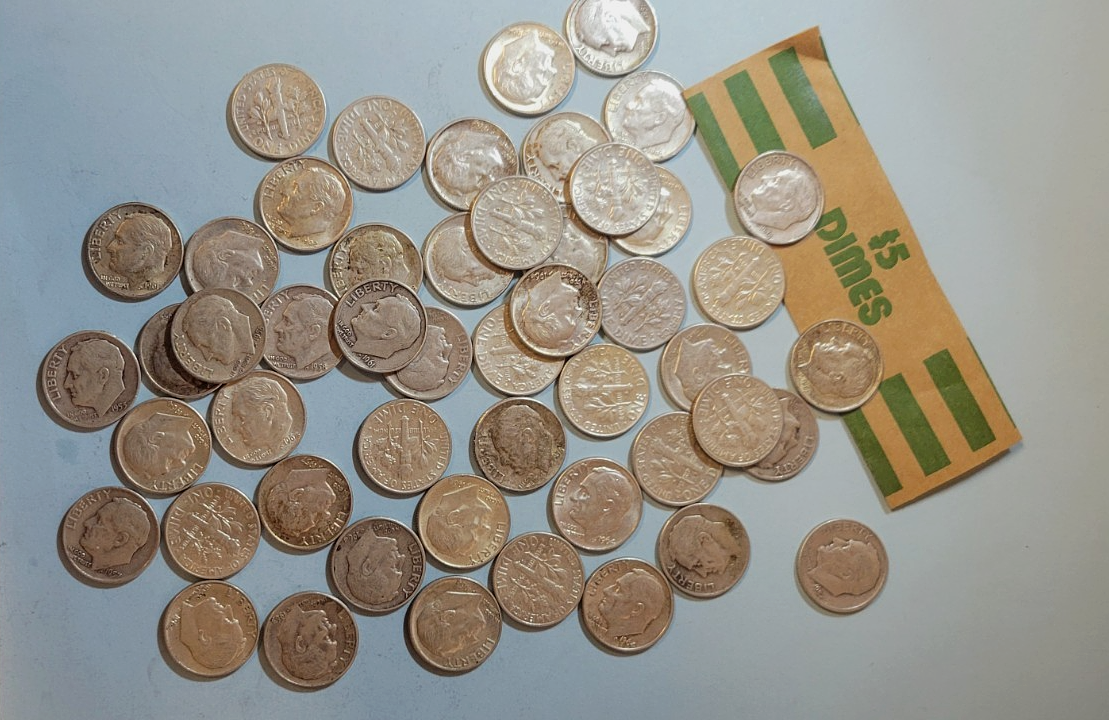 SILVER DIMES, ROLL OF ROOSEVELT SILVER DIMES, 50 COINS, 3.615 OUNCES OF ...