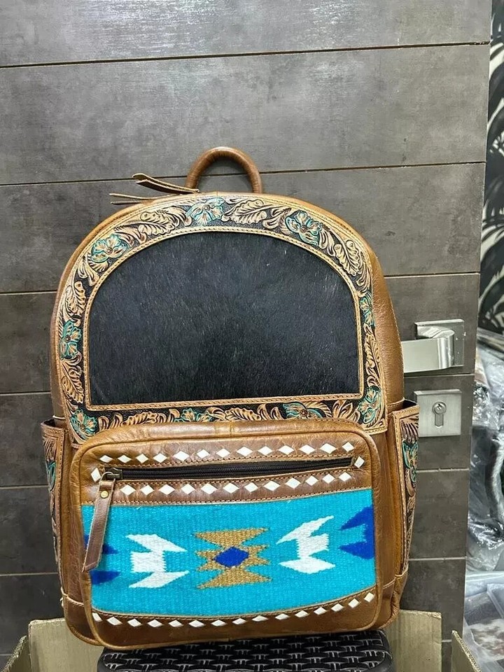 Cowhide Leather Aztec backpack-large cowhide Aztec Brown leather ...