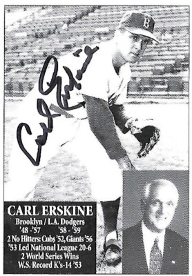 Carl Erskine autographed baseball card Brooklyn Dodgers Pitcher RARE ...