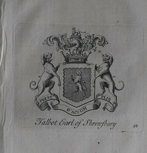 1756 ANTIQUE PRINT FAMILY CREST COAT OF ARMS TALBOT EARL OF SHEWSBURY ...