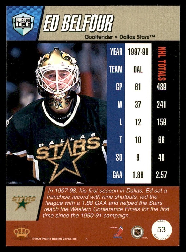 1998-99 Pacific Dynagon Ice Ed Belfour #53 Dallas Stars | eBay