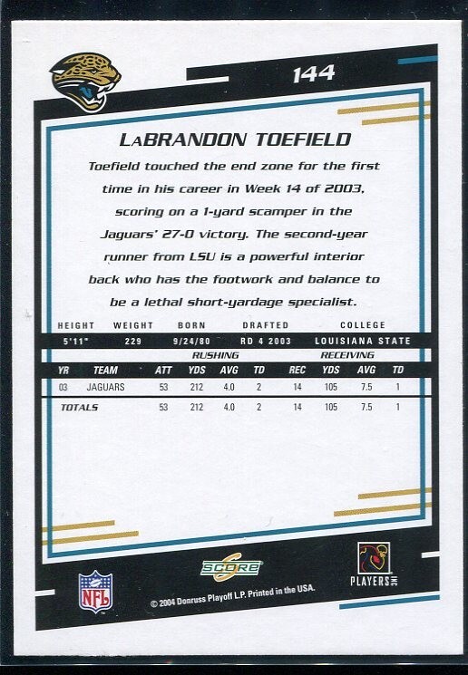 2004 Score Playoff LaBrandon Toefield #144 Jacksonville Jaguars | eBay