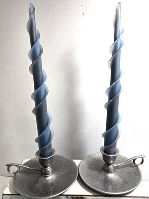 CARSON PEWTER CANDLESTICK HOLDERS (2) & TWO 12" BLUE BEESWAX TWIST ...
