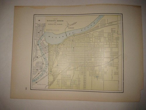 FINE ANTIQUE 1880 KANSAS CITY MISSOURI KANSAS MAP HORSE STEAM CABLE ...