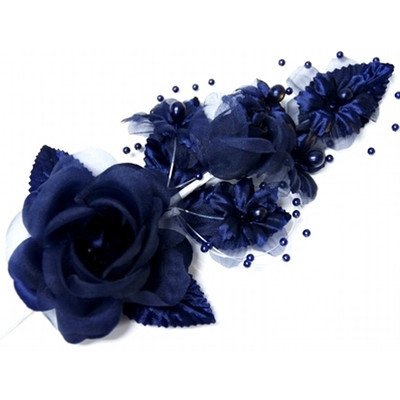3 navy blue Silk Pearl & organza flower Corsages 5"x 2.5 with pearl pin ...