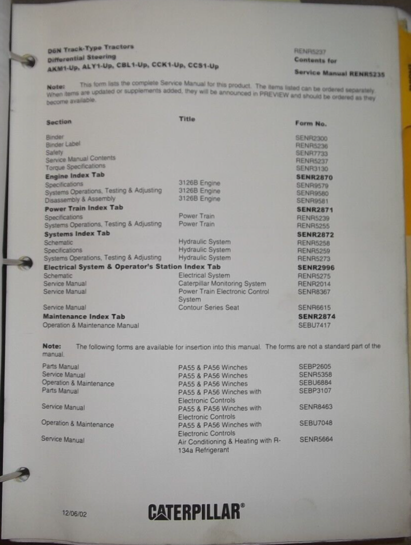 CAT CATERPILLAR D6N CRAWLER TRACTOR DOZER SERVICE SHOP REPAIR MANUAL ...