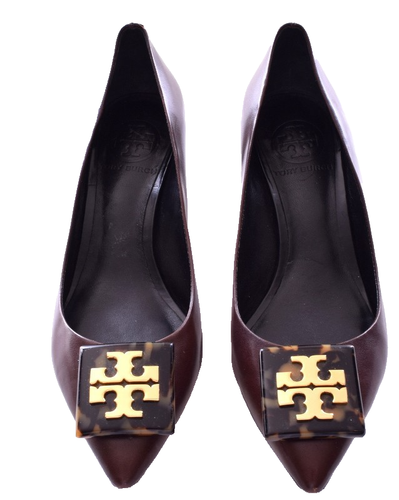Tory Burch Pointed Toe Tortoise Shell Medallion Gold Logo Brown Pumps ...