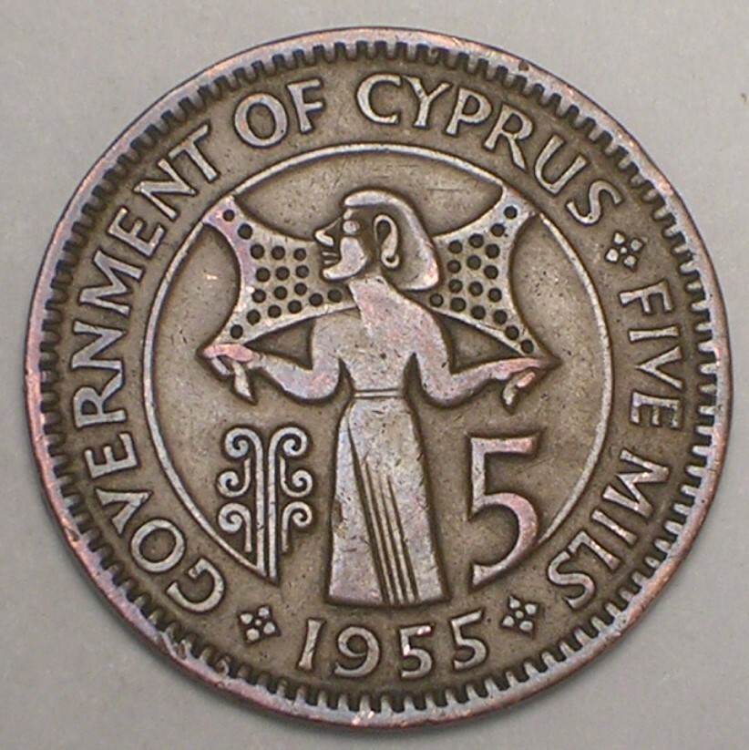 1955 Cyprus Cypriot 5 Mils Ancient Inhabitant Coin VF – Antique Coins World
