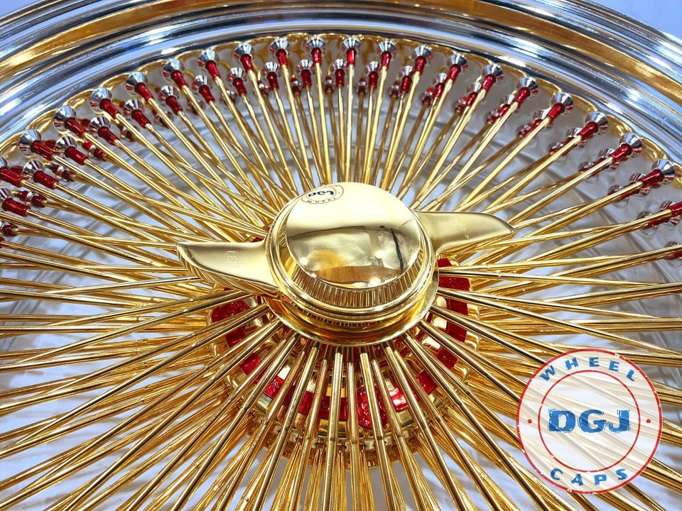 DGJ WHEELS 22x8 STD 150 Spokes Candy Red & Gold Lowrider Wire Wheel ...