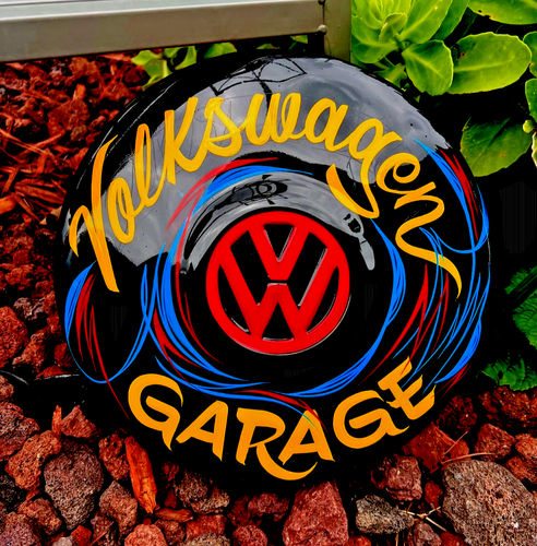 VW Bus Bug VOLKSWAGEN GARAGE SIGN pinstriped Hub cap Wall Decor Shop ...