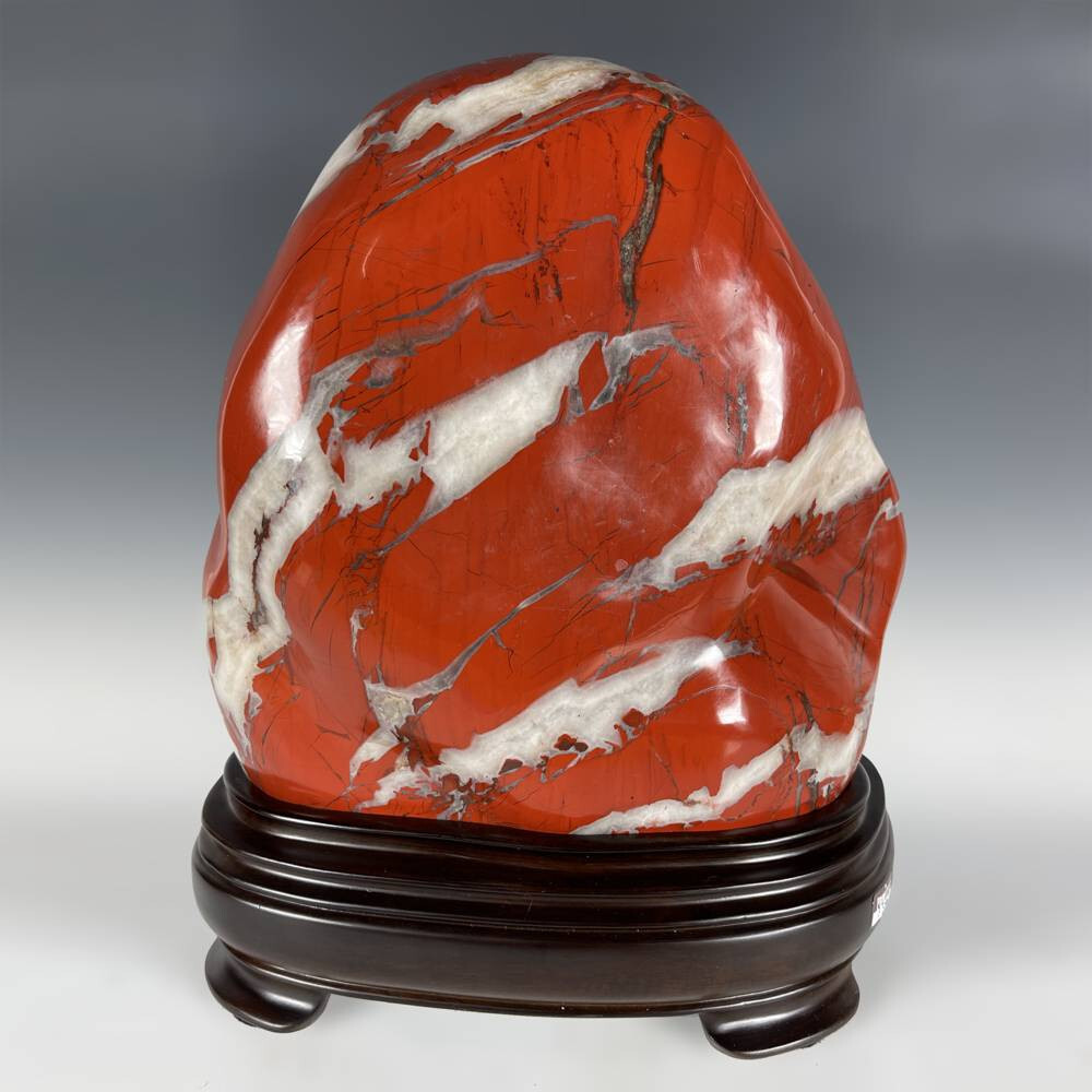 CHINESE GONGSHI SCHOLAR'S ROCK CHICKEN BLOOD STONE CARVED WOOD BASE ...