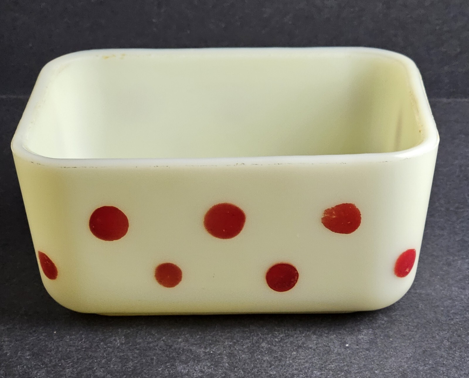 Vtg RARE McKee Custard Uranium Glass 4x5 Red Polka Dot Dish (No Lid) | eBay