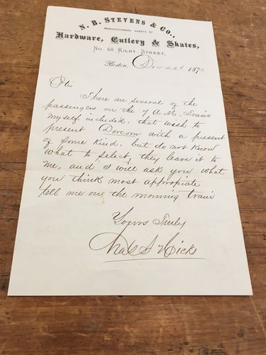 DEC 22 1870 HANDWRITTEN LETTER FROM N.B. STEVENS & CO. 68 KELBY ST ...