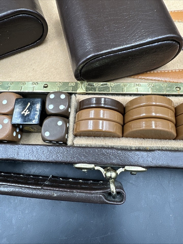 Vintage Aries Backgammon Game Travel Case Set Faux Leather Dark Brown ...