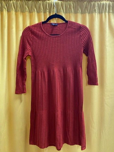 Eileen Fisher Ribbed Pleated 100% Wool Long Sleeve Dress in Rust Red ...